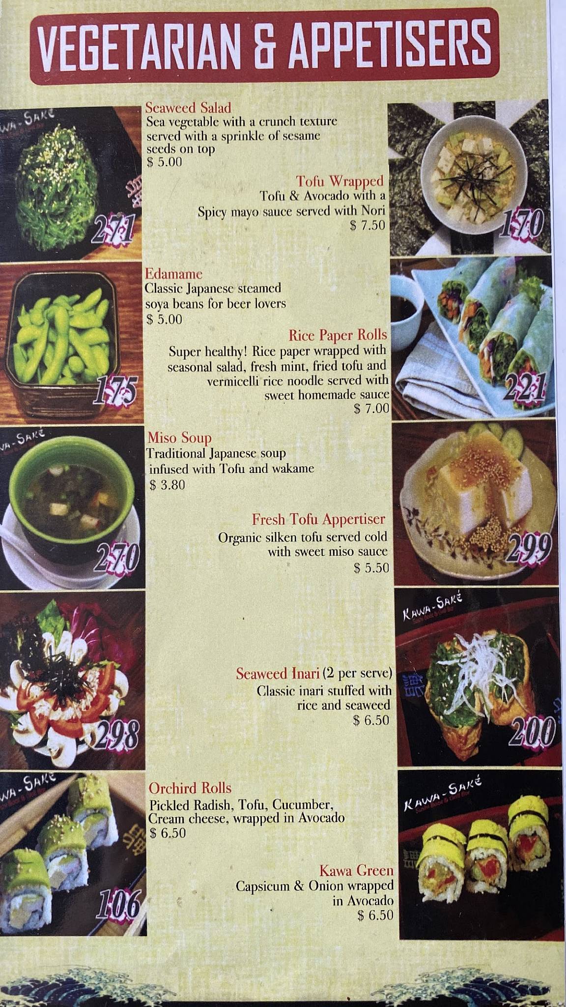 Menu at Kawa Sake Sushi Boat restaurant, Yarraville