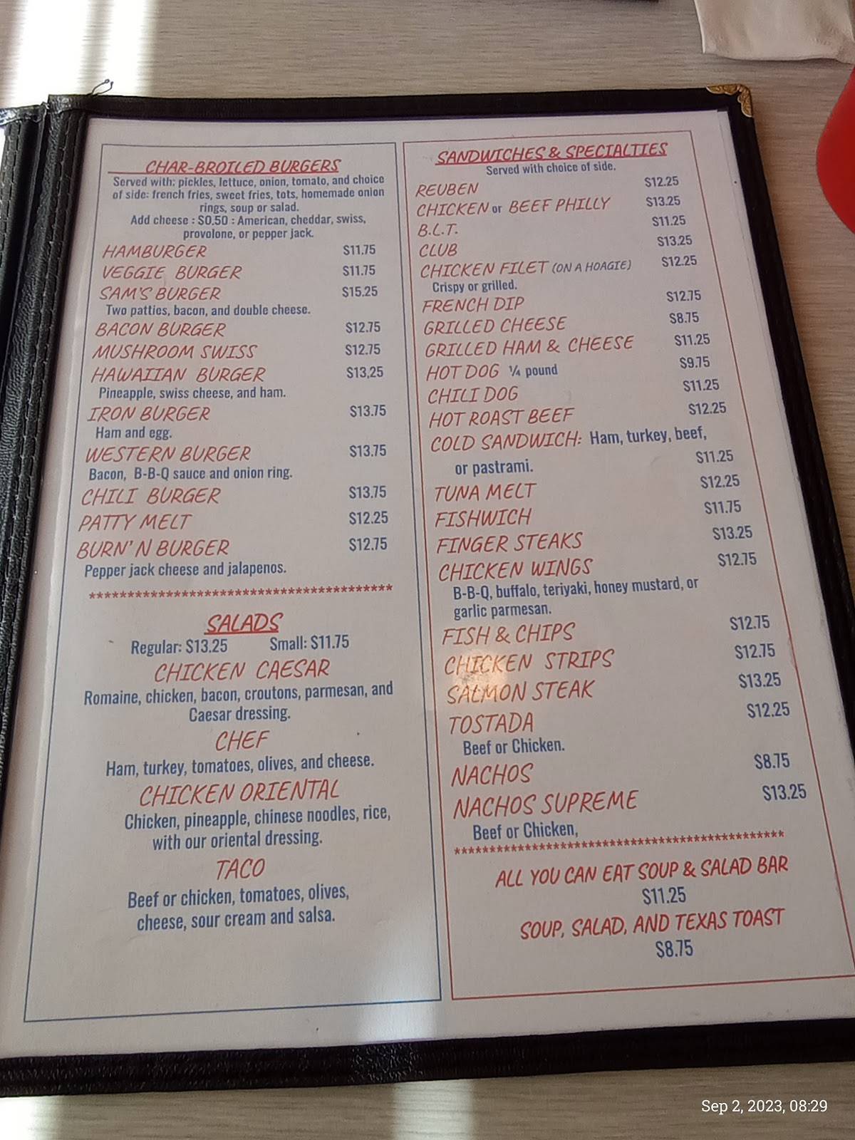 Menu at Sam's Restaurant, Kellogg