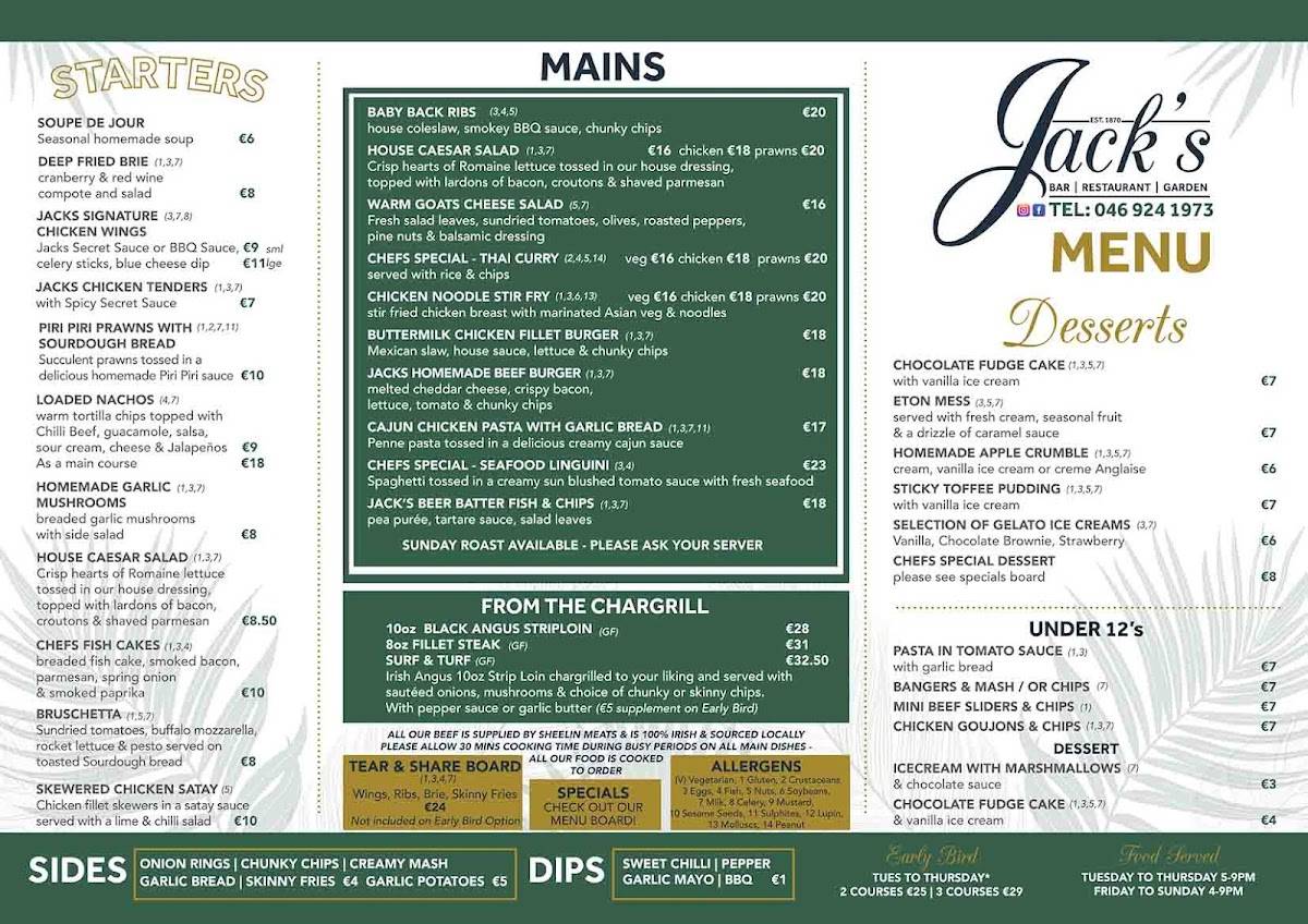 Menu at Jacks Bar and Garden, Kells