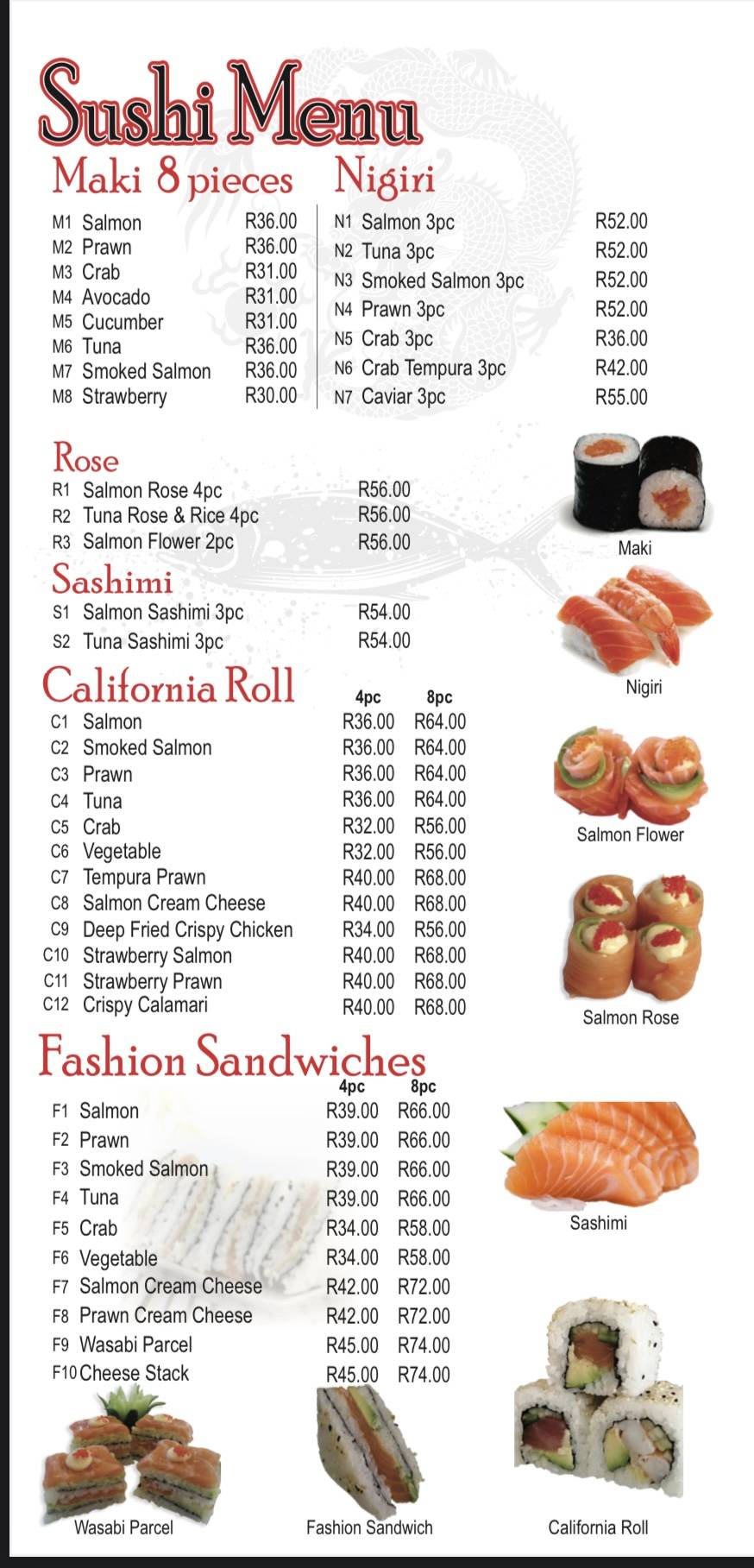Menu at Kim Bo and Sushi waverley restaurant, Pretoria