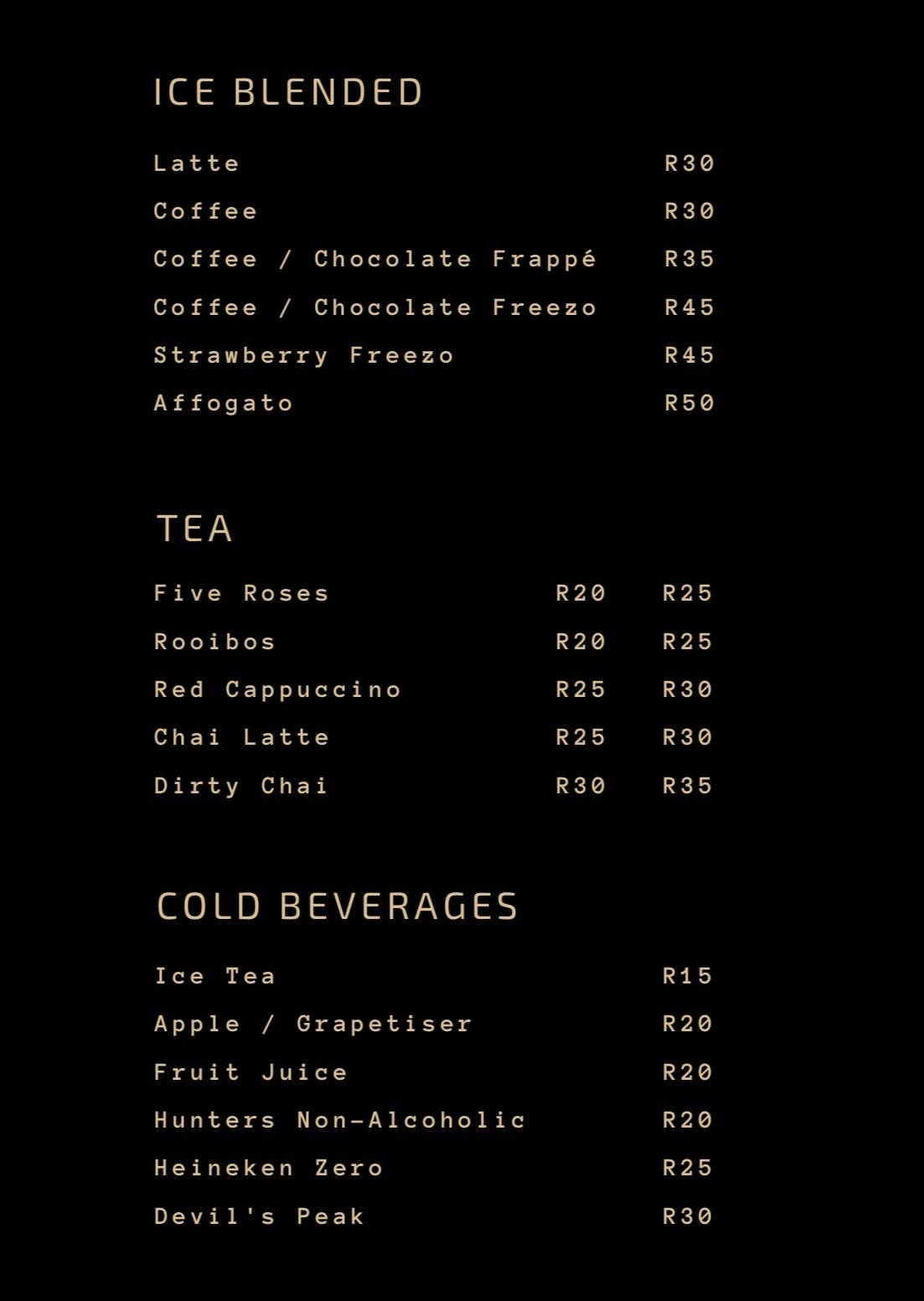 Menu at King Bean Olympus, Pretoria