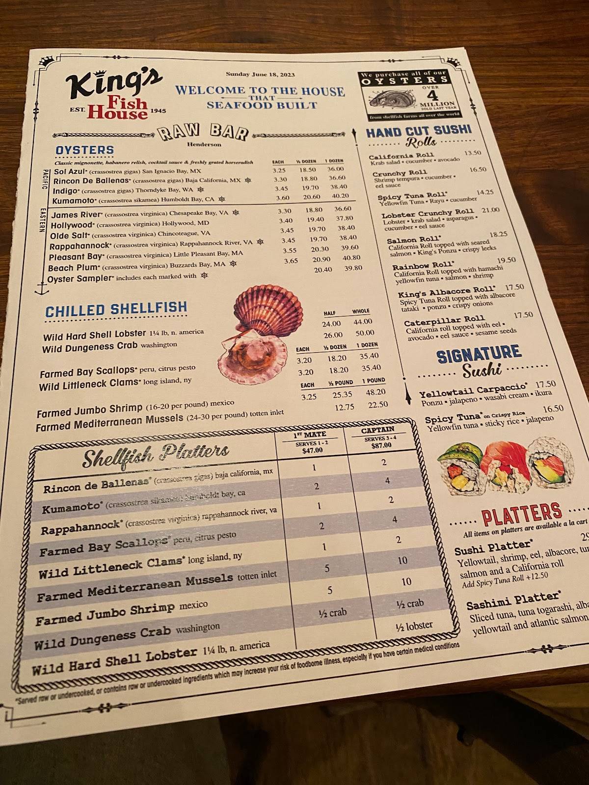 Menu at King's Fish House restaurant, Henderson, Village Walk Dr #139