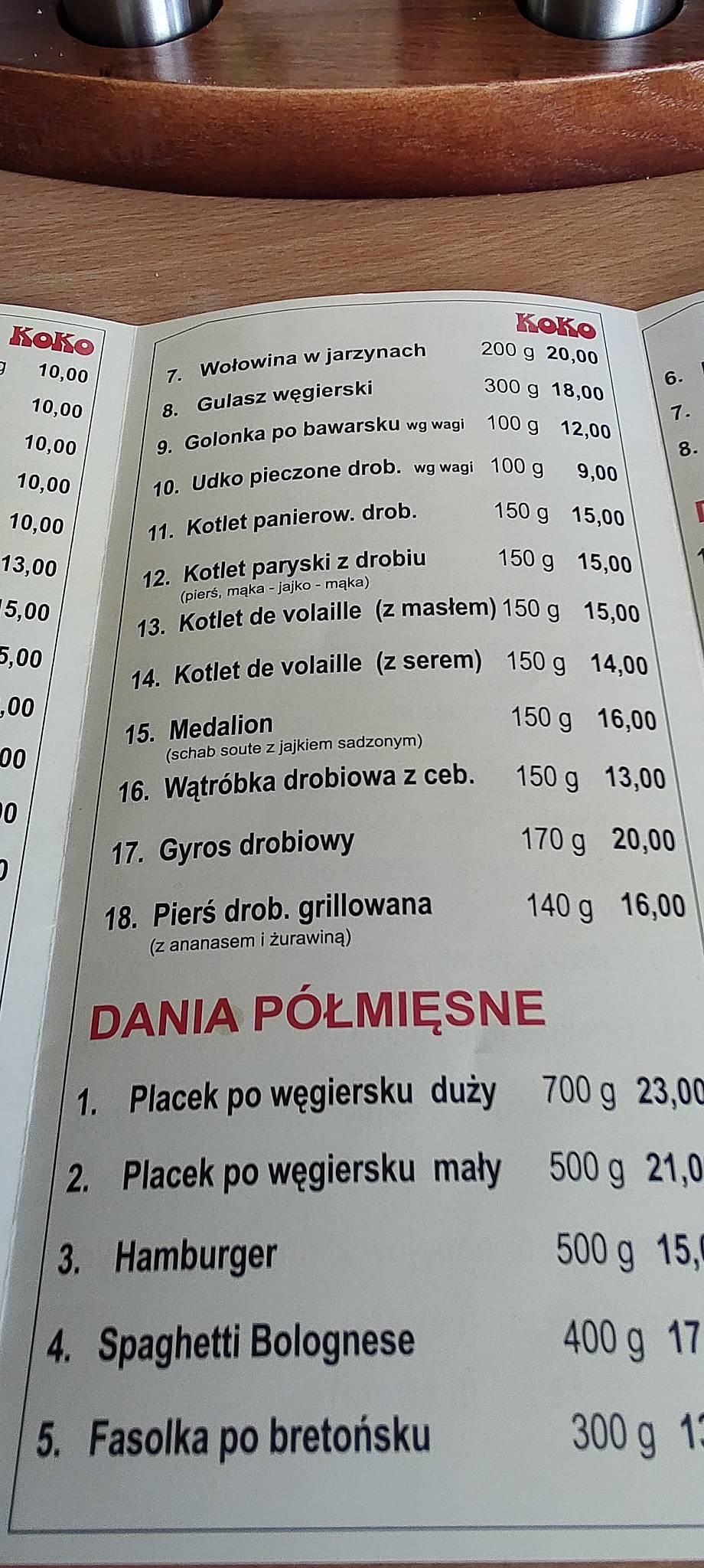 Menu at Koko Bar. Dziuba K. w Szczecinku, Szczecinek