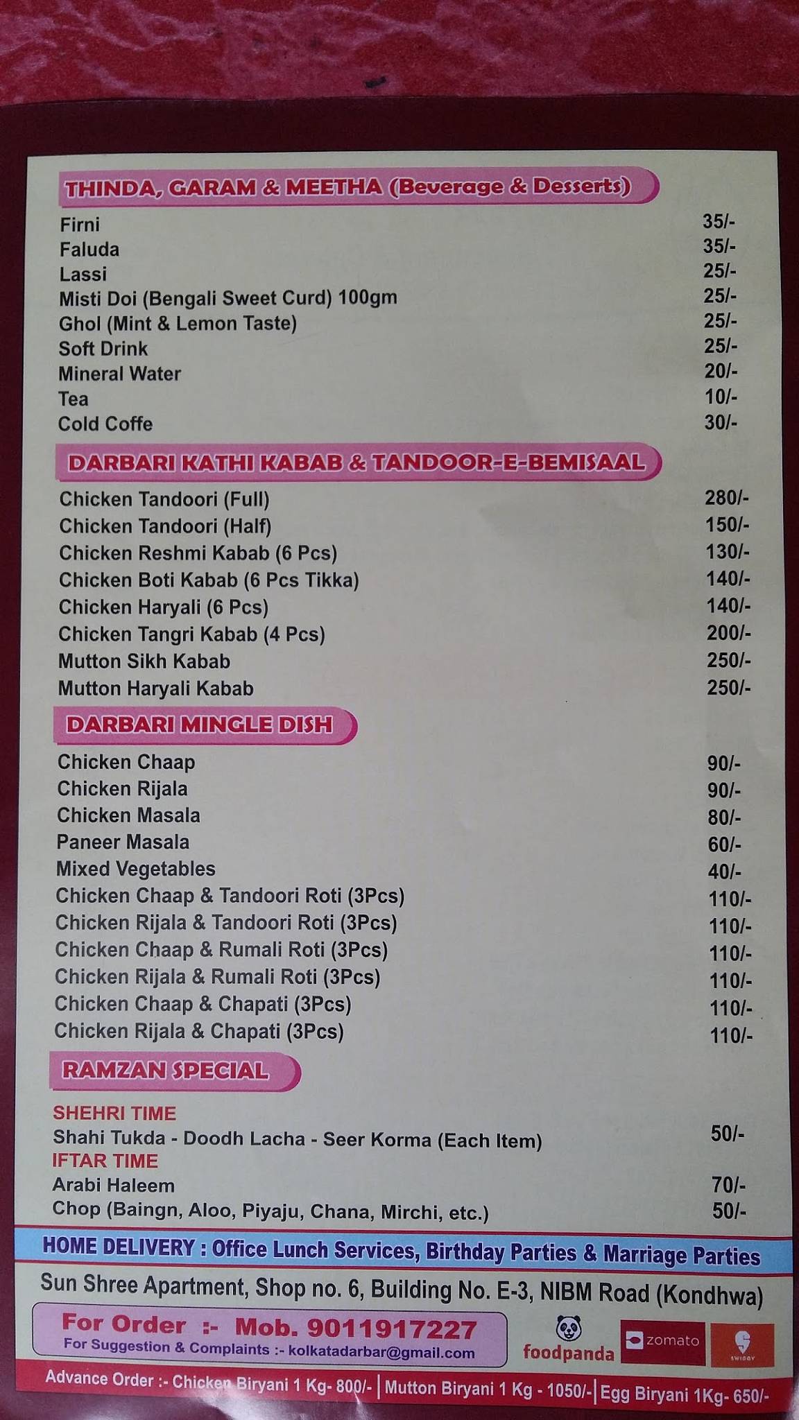 Menu at Kolkata Darbar, Pune, 204