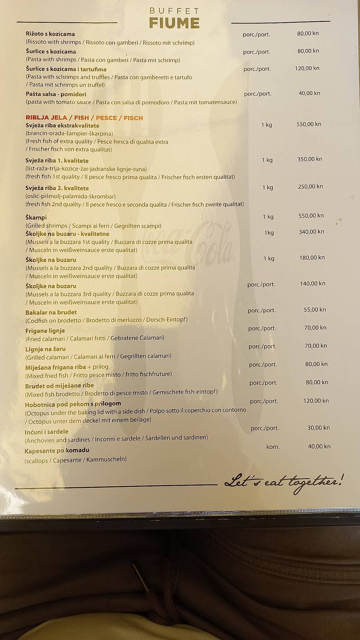 Menu at Konoba Fiume restaurant, Rijeka