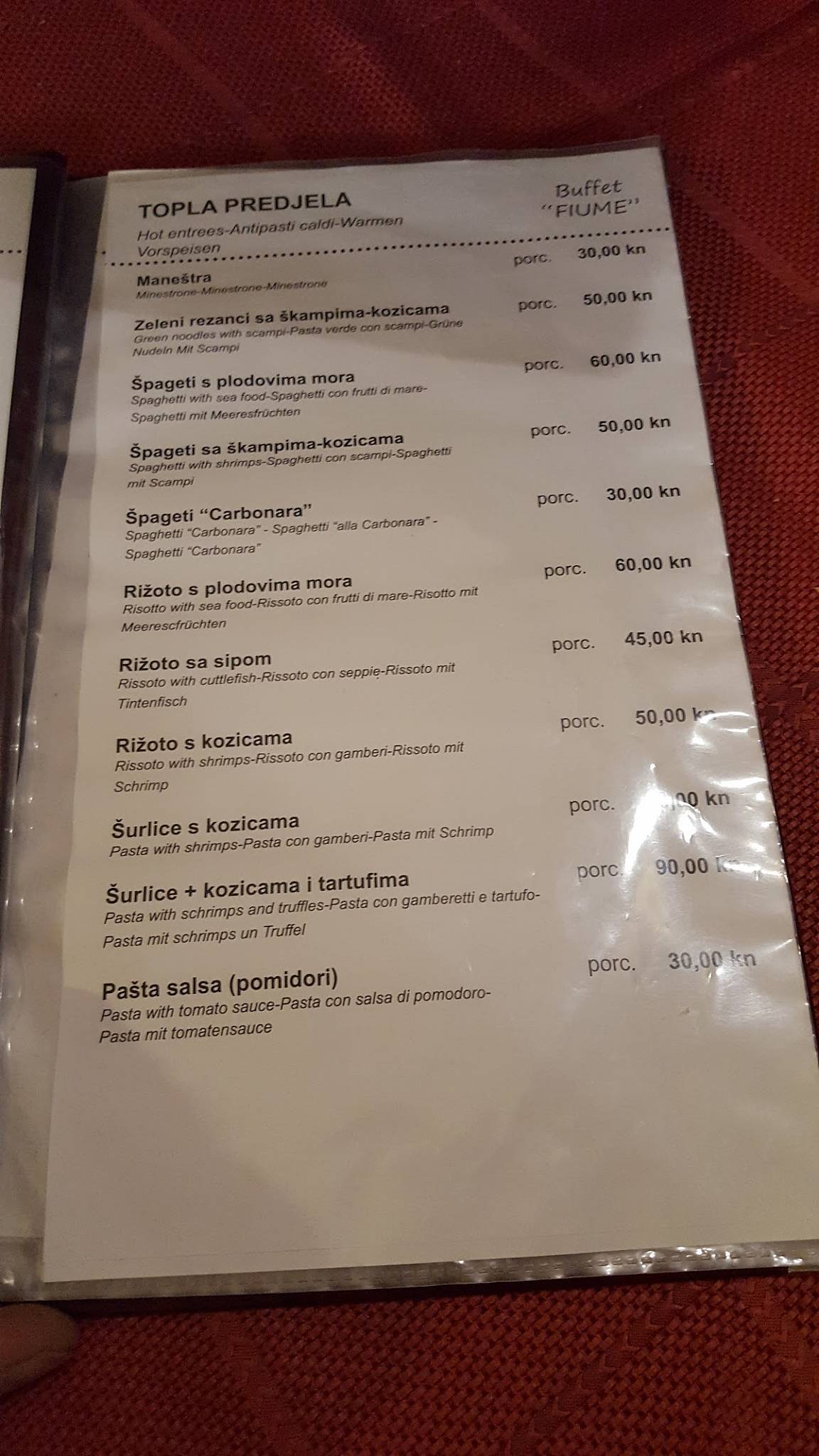Menu at Konoba Fiume restaurant, Rijeka