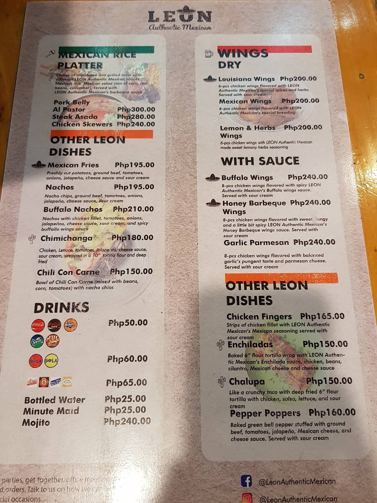 Menu at LEON Authentic Mexican restaurant, Antipolo