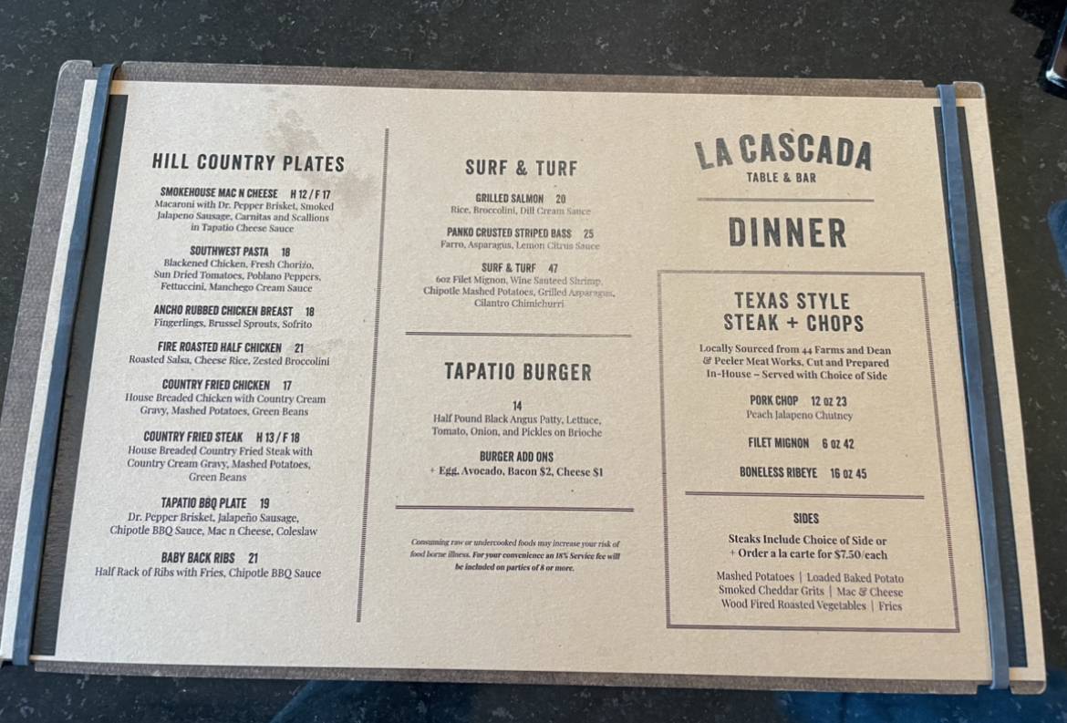 Menu at La Cascada Table & Bar, Boerne