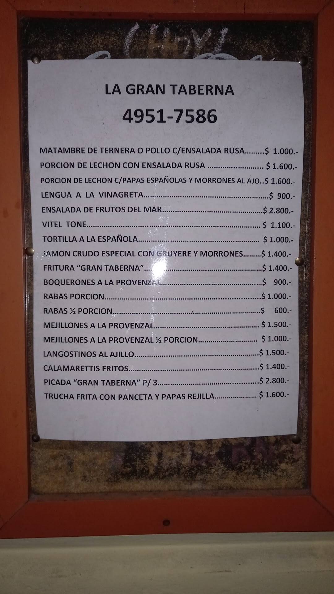 Carta del restaurante La Gran Taberna, Buenos Aires, Combate del los ...