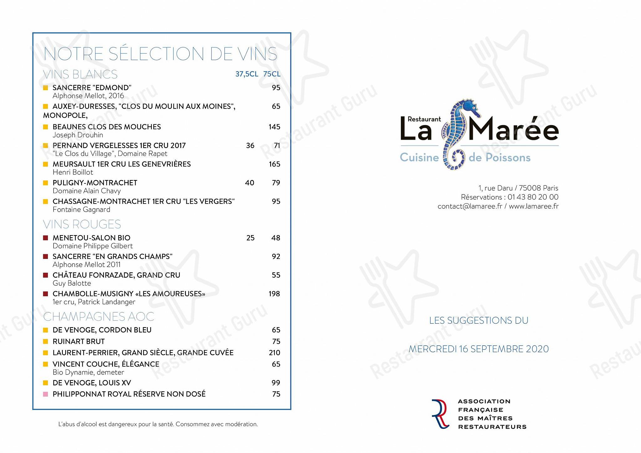 Menu au La Marée restaurant, Paris, 1 Rue Daru
