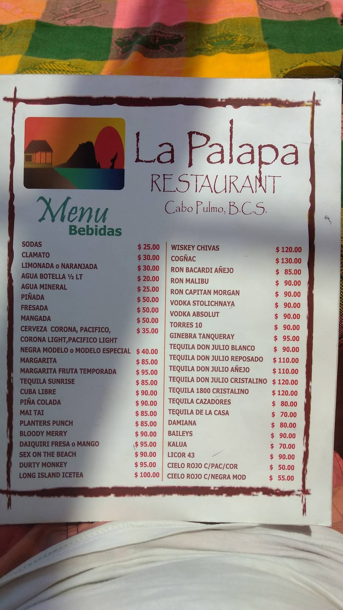 Menu at La Palapa Cabo Pulmo restaurant, Cabo Pulmo