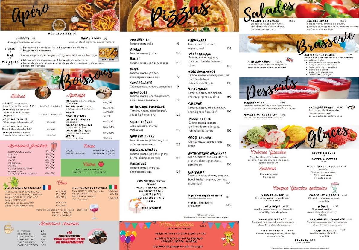 Menu au La Plage pizzeria, Lion-sur-Mer
