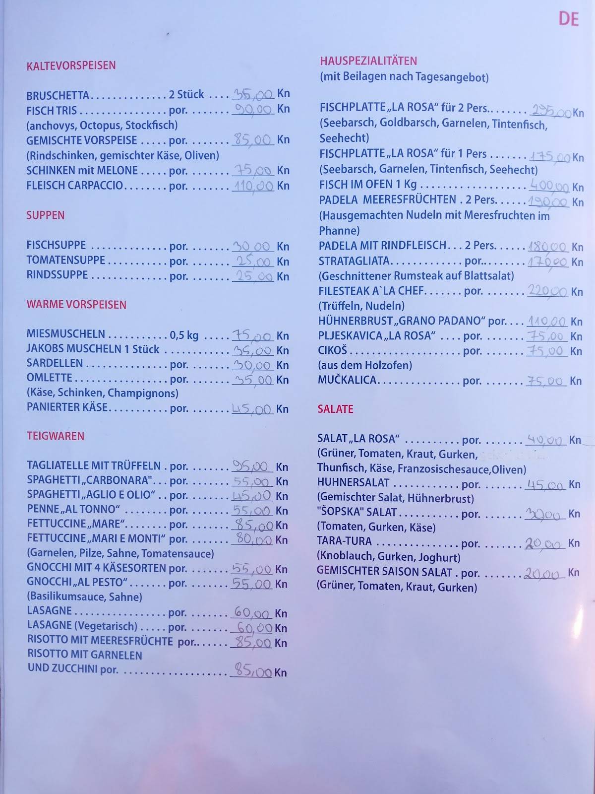 Menu da La Rosa ristorante, Vrsar