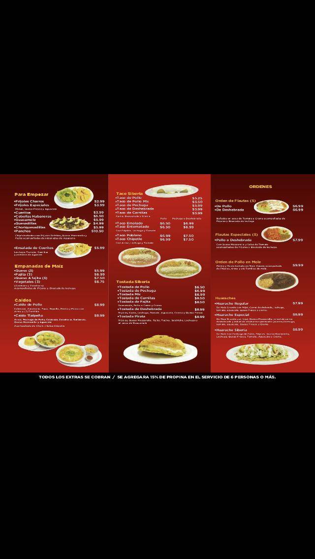 Menu at La Siberia Original restaurant, Brownsville, 400 E Alton Gloor Blvd