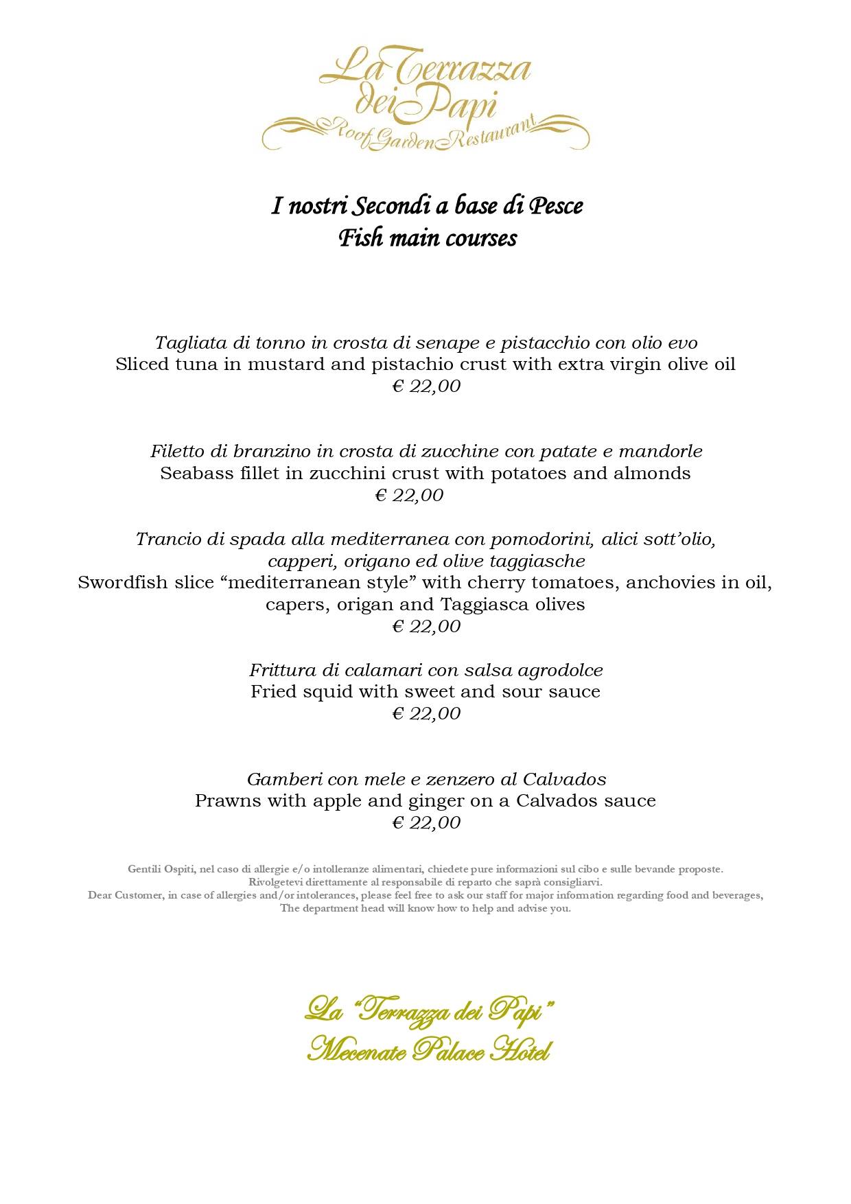 Menu da Roof Garden La Terrazza dei Papi ristorante, Roma