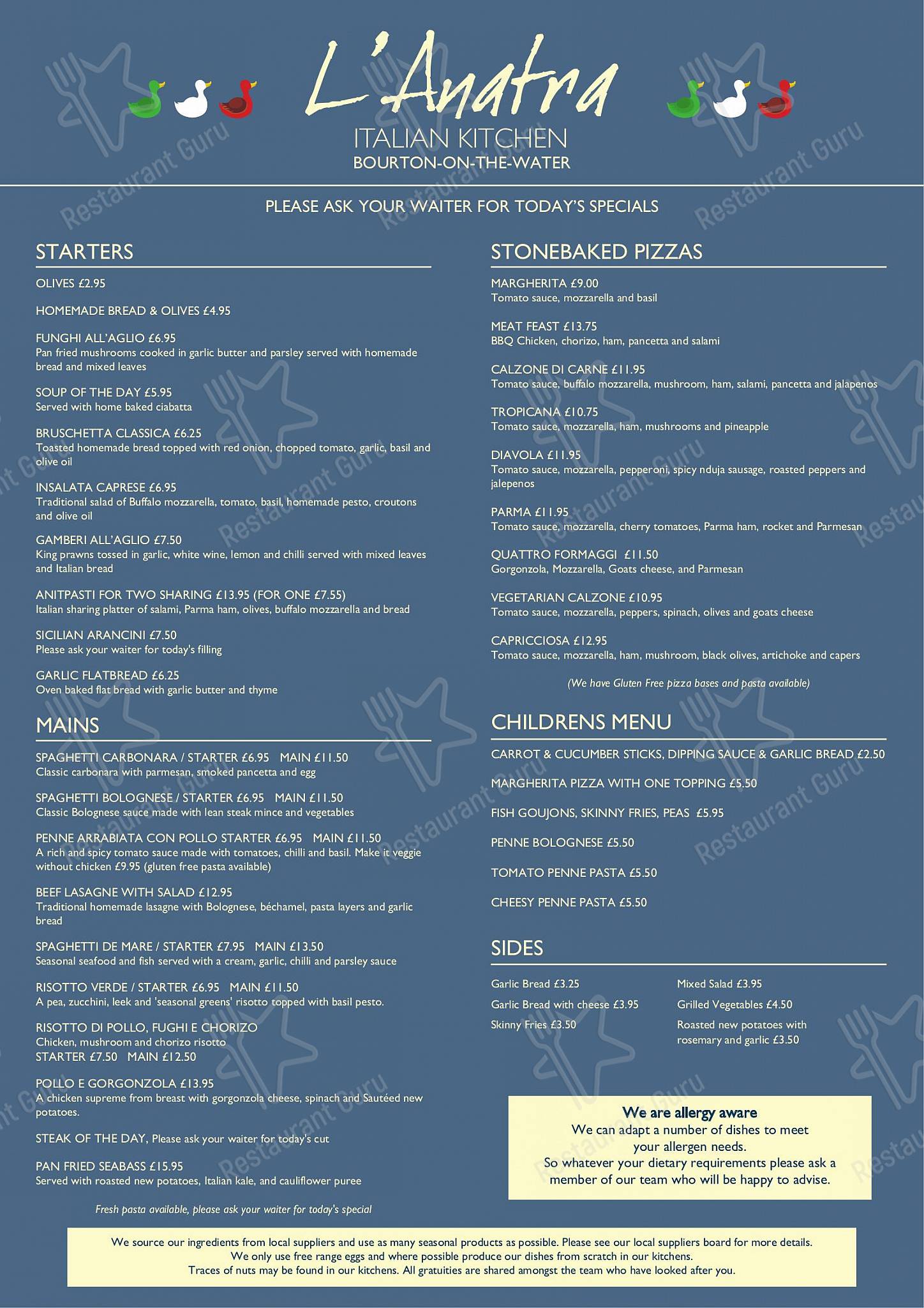 Menu at L'anatra restaurant, Bourton-on-the-Water