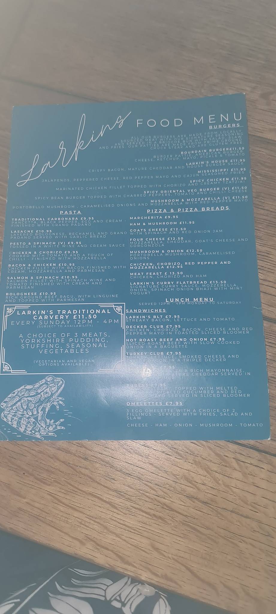 Menu at Larkin's Bar, Hull