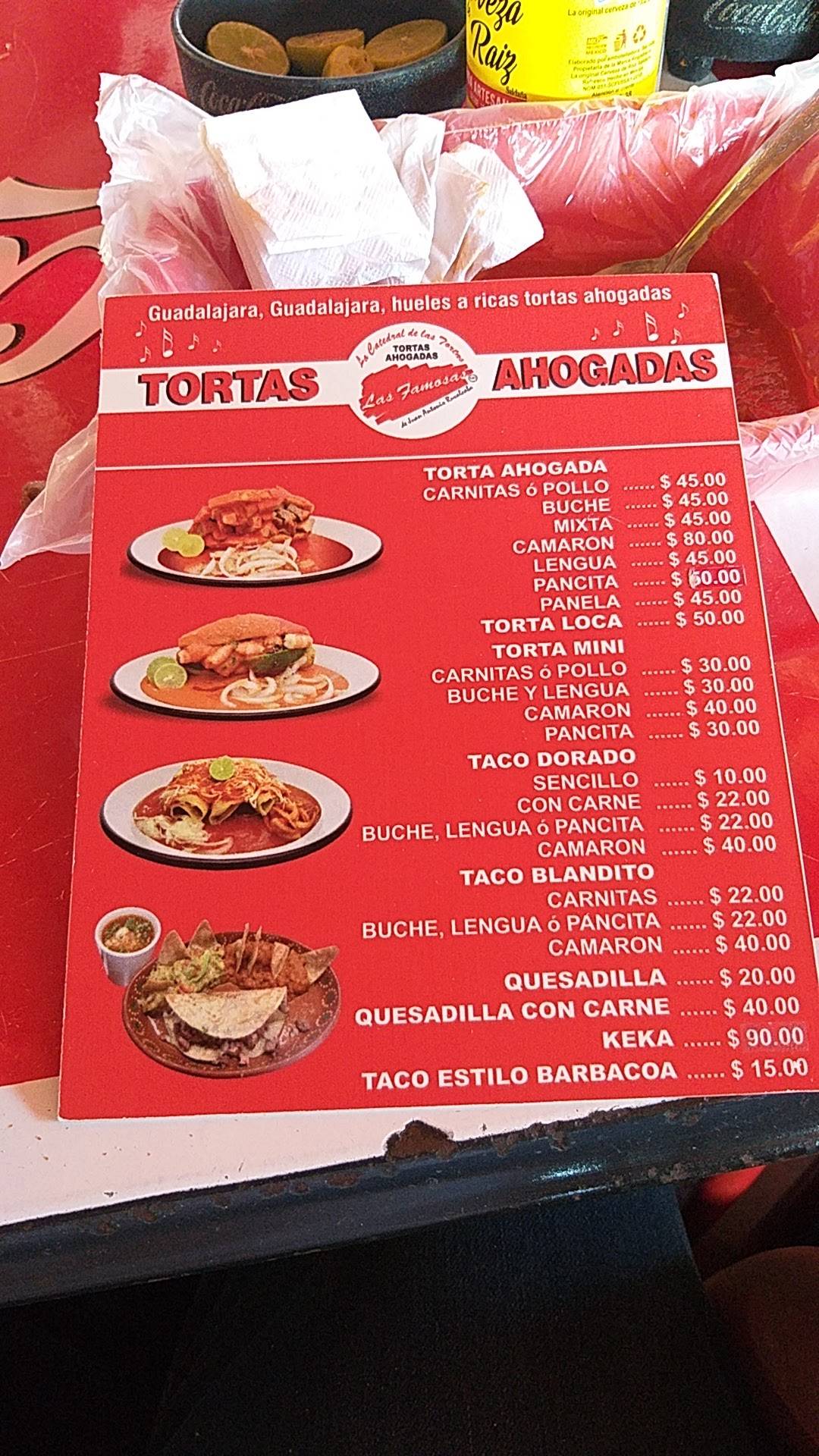 Menu at Las Famosas restaurant, Tonalá, Chapala - Guadalajara Km 14.5
