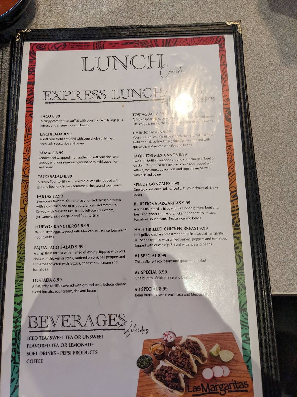 Menu at Las Margaritas restaurant, Poplar Bluff