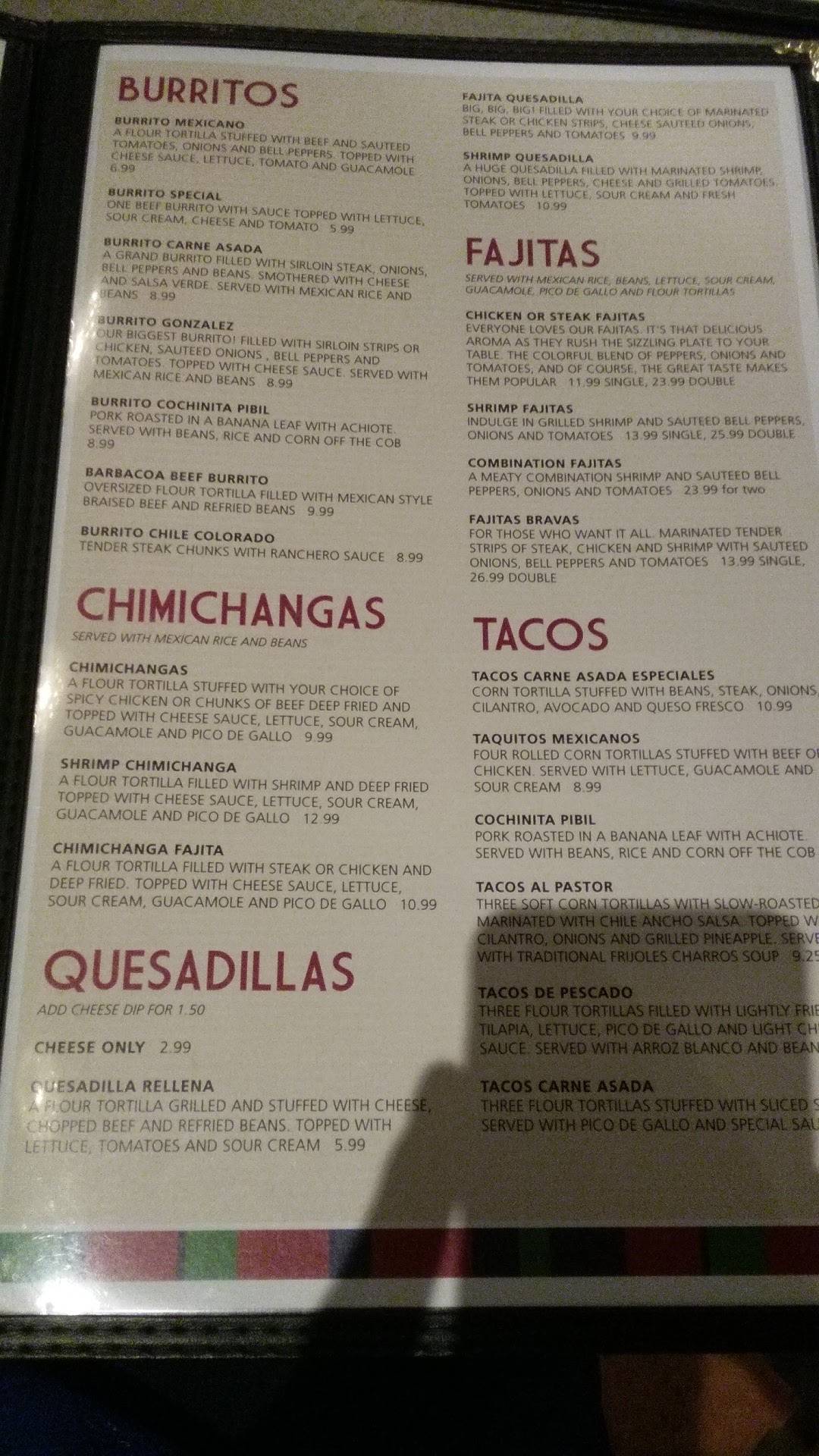 Menu at Las Margaritas restaurant, Poplar Bluff