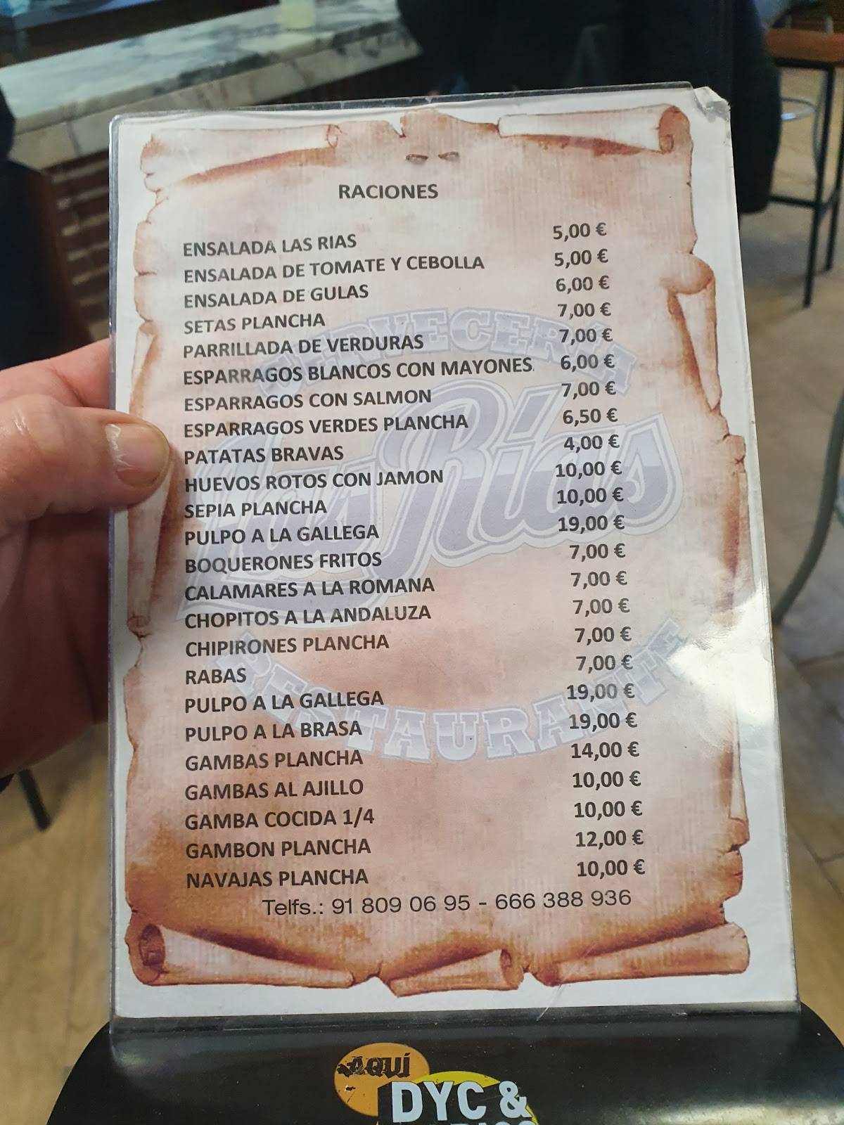 Carta del pub y bar Las Rías, Ciempozuelos