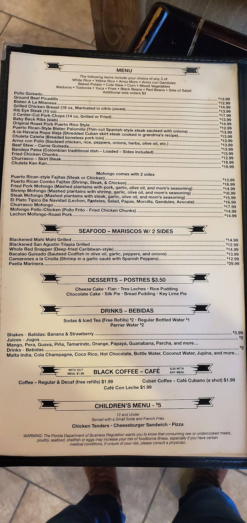 Menu at Latin Quarters restaurant, Sarasota