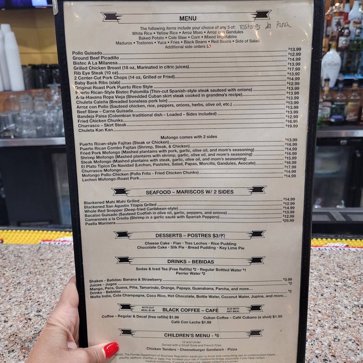 Menu at Latin Quarters restaurant, Sarasota