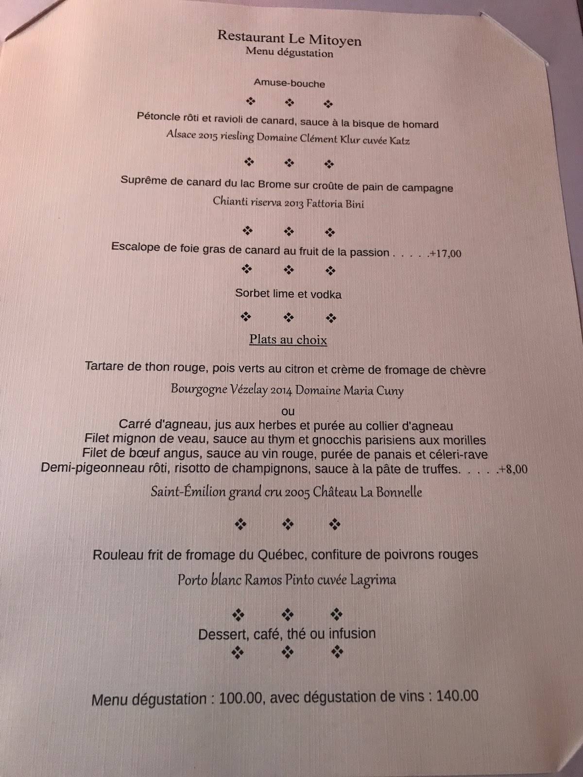 Menu au Restaurant Le Mitoyen, Laval