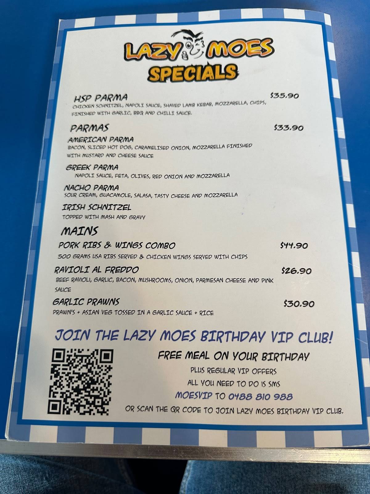 Menu at Lazy Moe's OAKLEIGH restaurant, Oakleigh
