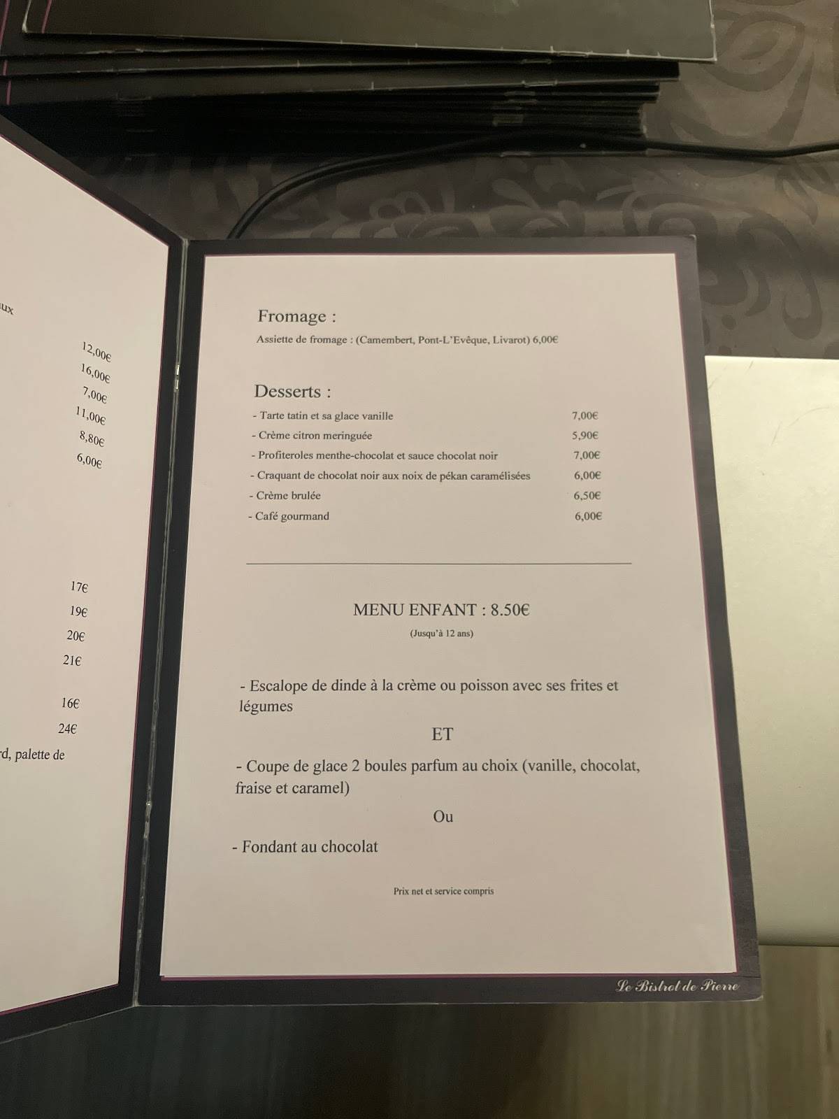Menu au Le Bistrot de Pierre restaurant, Avranches