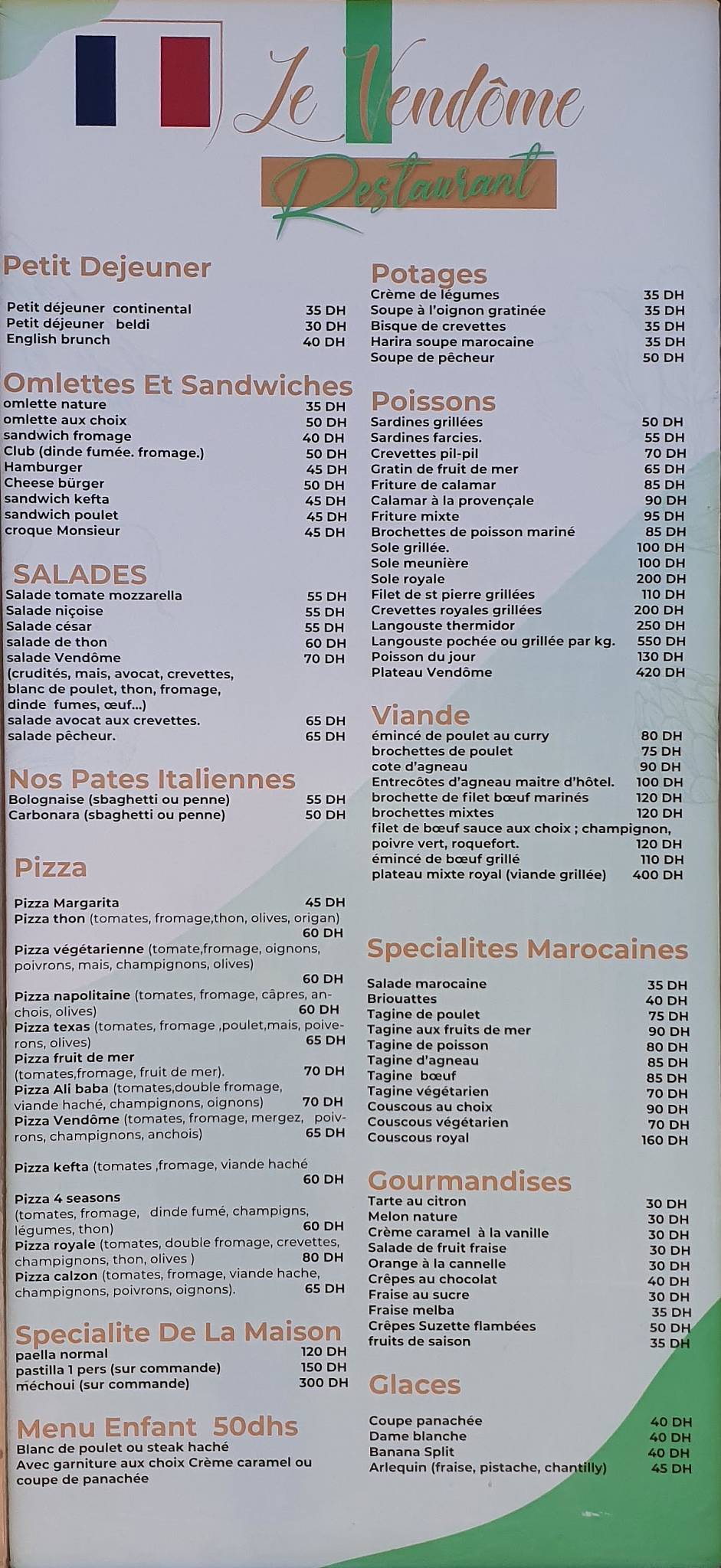 Menu at Le Vendôme restaurant, Agadir
