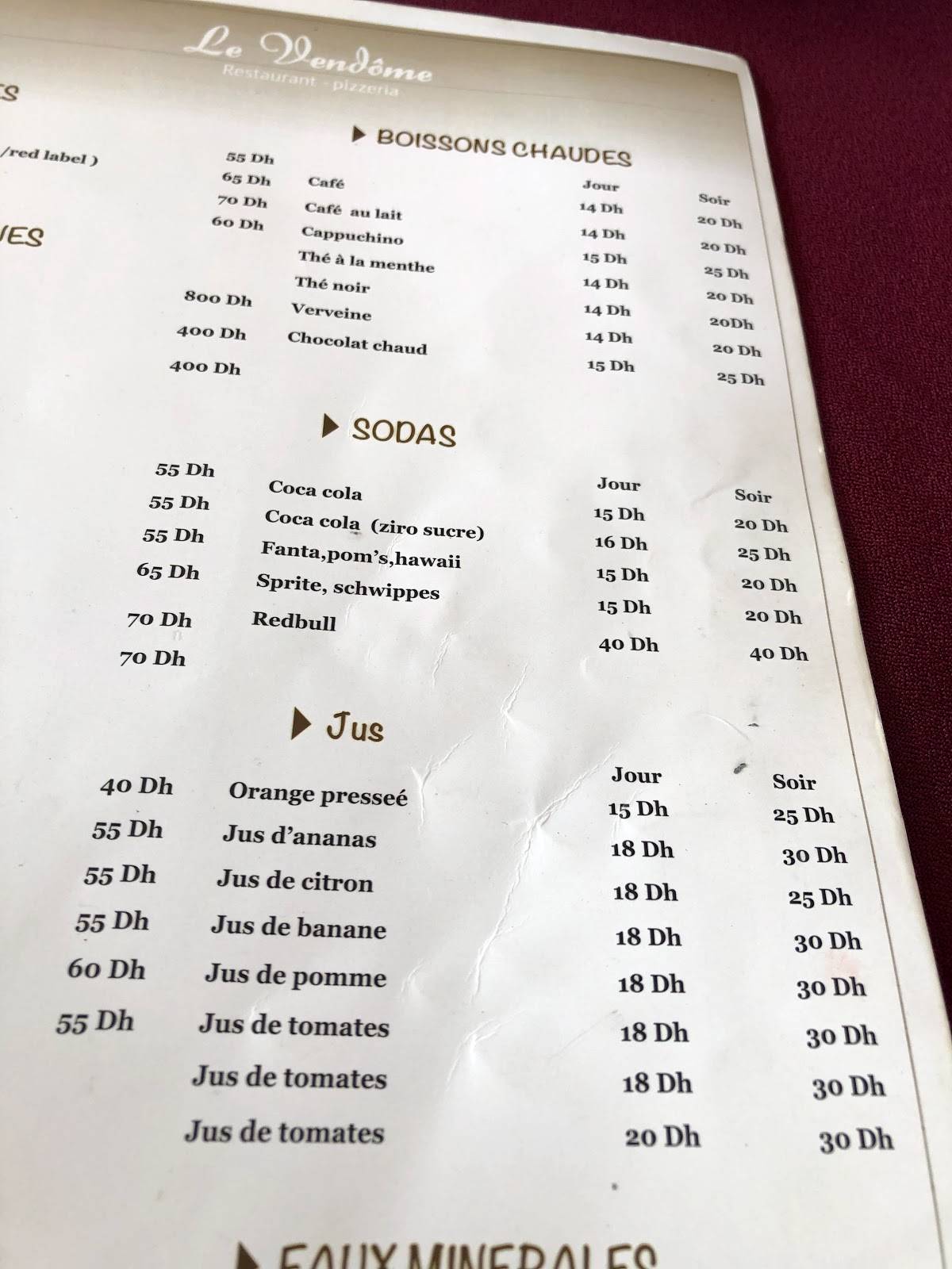 Menu at Le Vendôme restaurant, Agadir