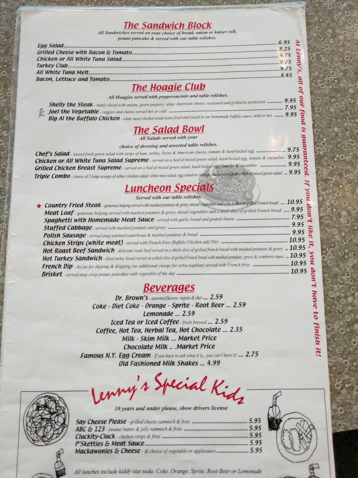 Menu at Lenny’s Restaurant, Clearwater