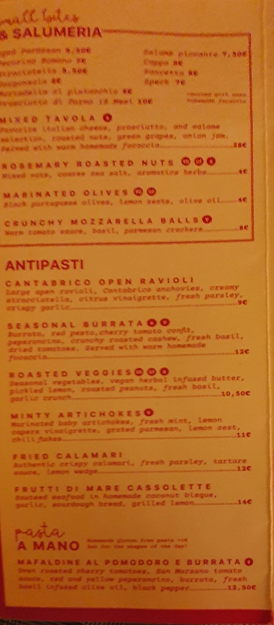 Menu at Leonetta restaurant, Lisbon