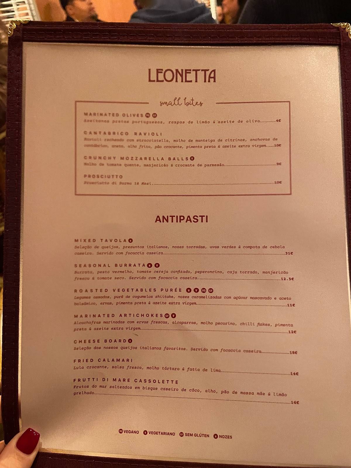 Menu at Leonetta restaurant, Lisbon