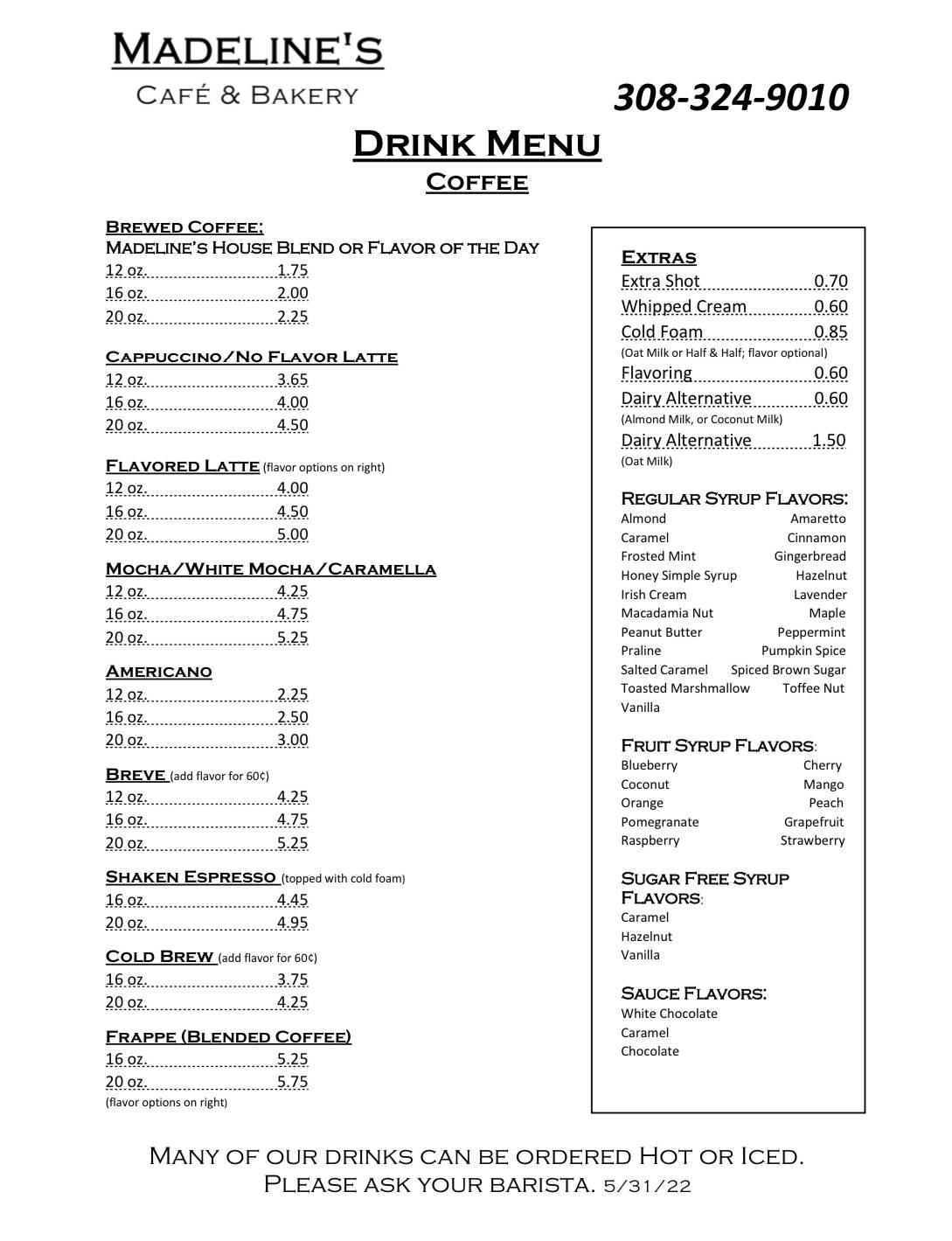 Menu at Madeline's Café & Bakery, Lexington