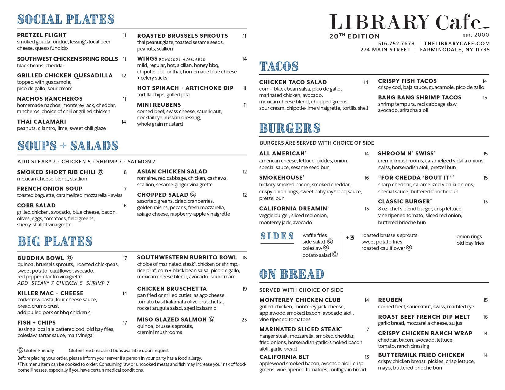 Menu at Library Café pub & bar, Farmingdale