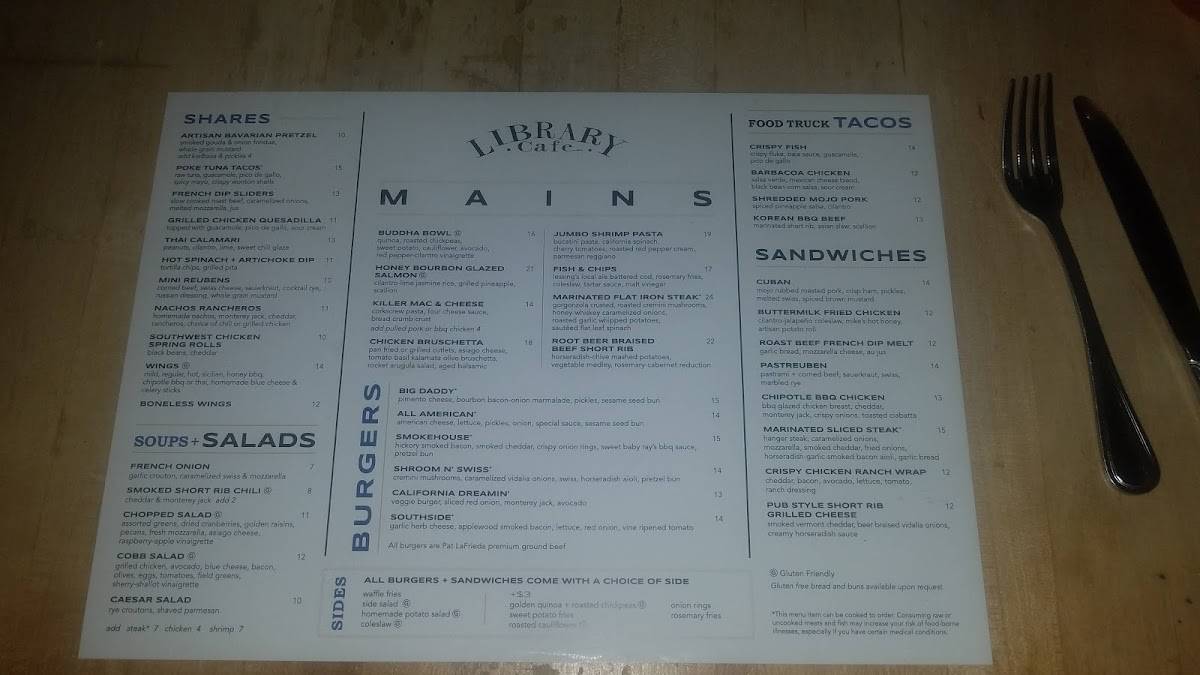 Menu at Library Café pub & bar, Farmingdale