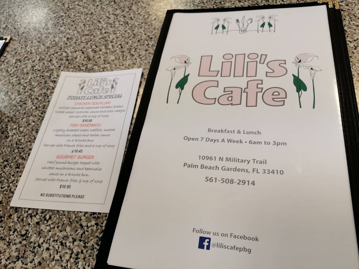 Menu at Lili's Cafe, Palm Beach Gardens