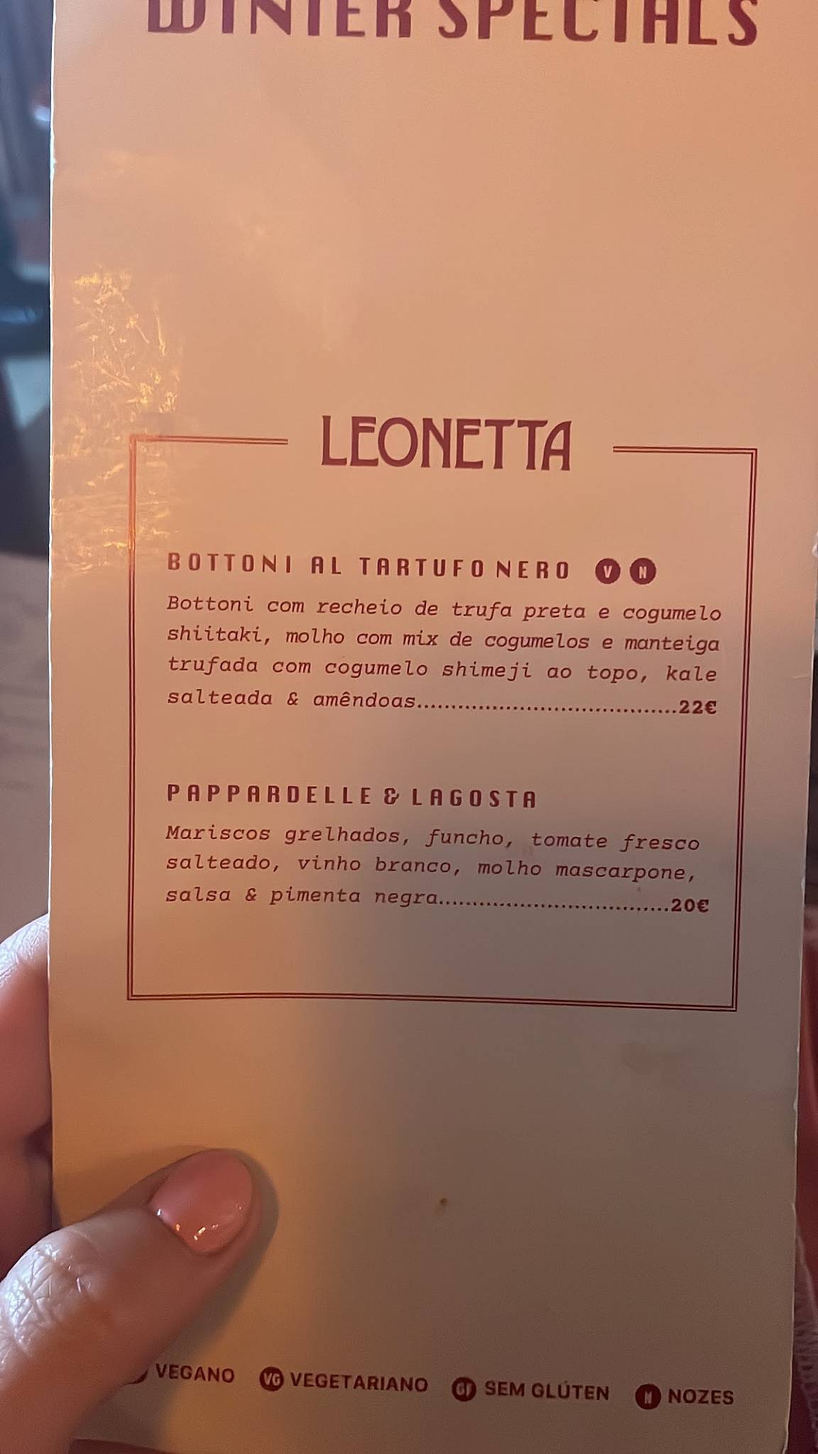 Menu at Leonetta restaurant, Lisbon
