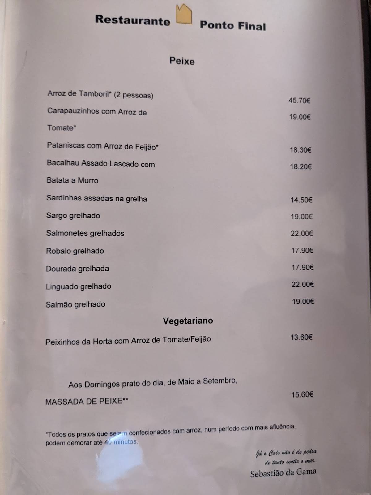 Menu at Ponto Final restaurant, Almada