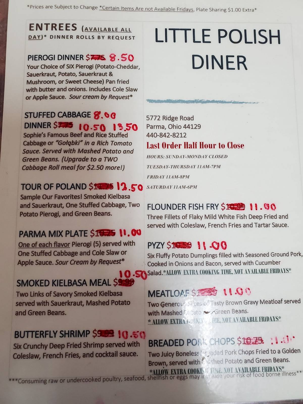 Menu at Little Polish Diner restaurant, Parma