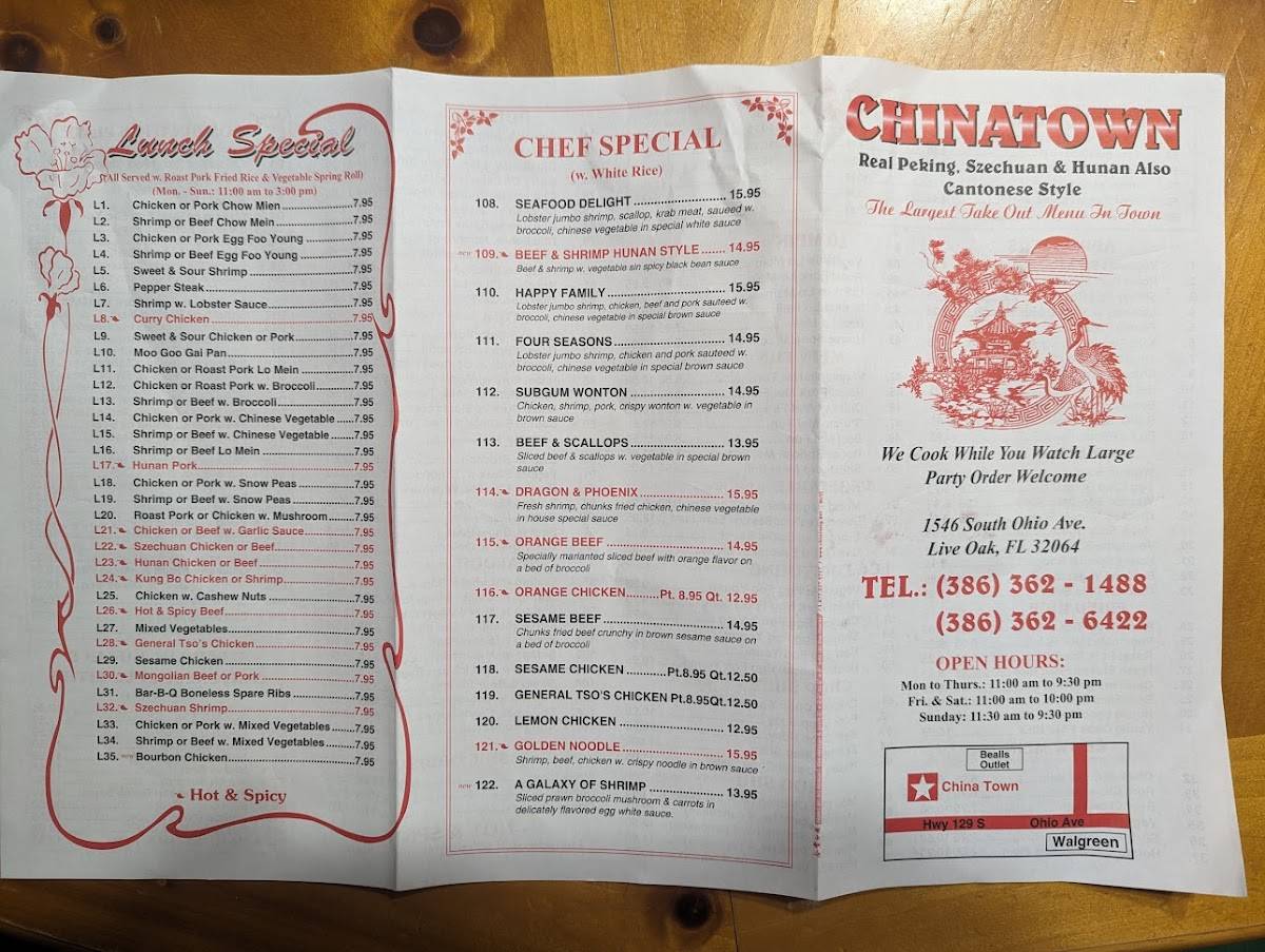 Menu at Chinatown restaurant, Live Oak