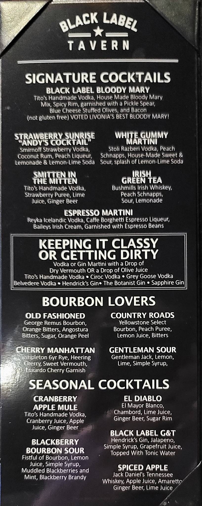 Menu at The Black Label Tavern Livonia pub & bar, Livonia