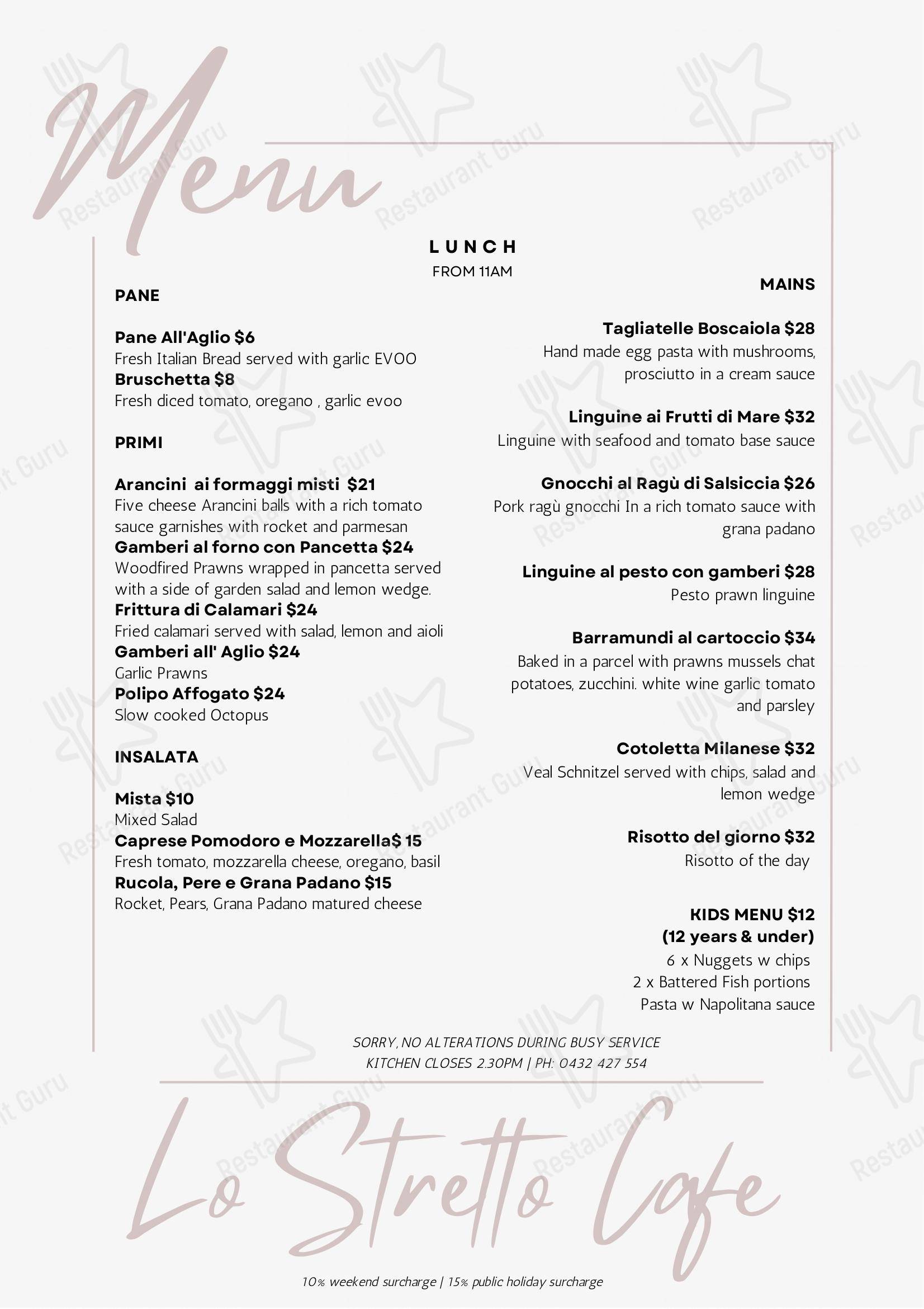 Menu at Lo Stretto Cafe Restaurant, Port Kembla