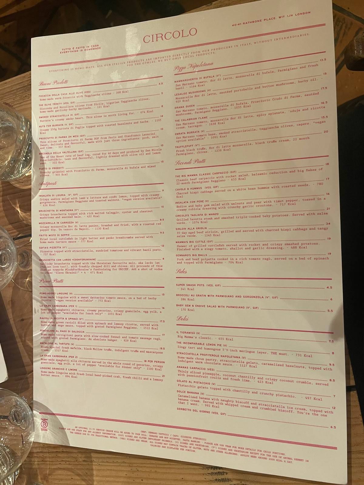 Menu at Circolo Popolare restaurant, London