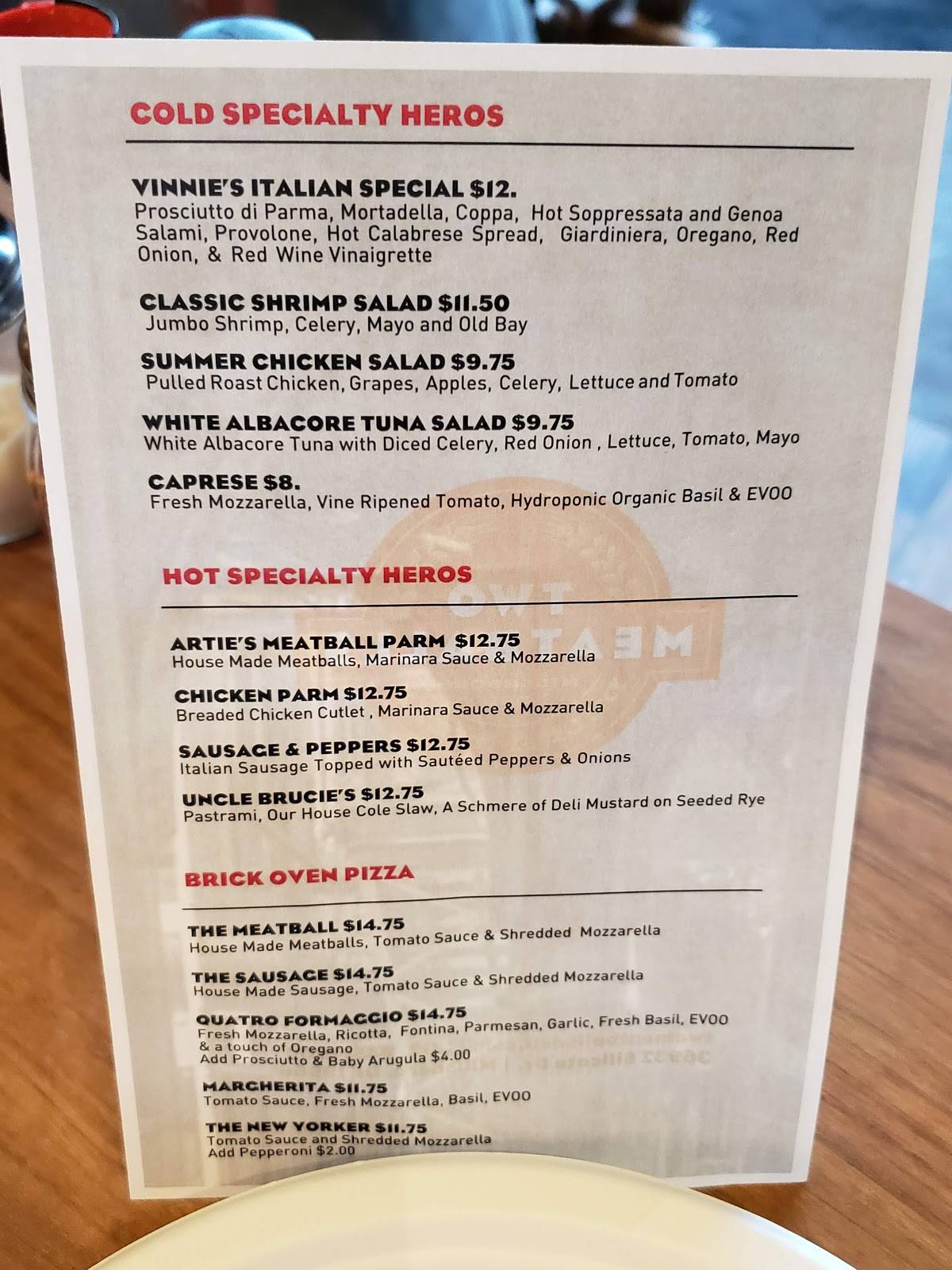 Menu at Two Meatballs Ristorante pizzeria, Long Neck