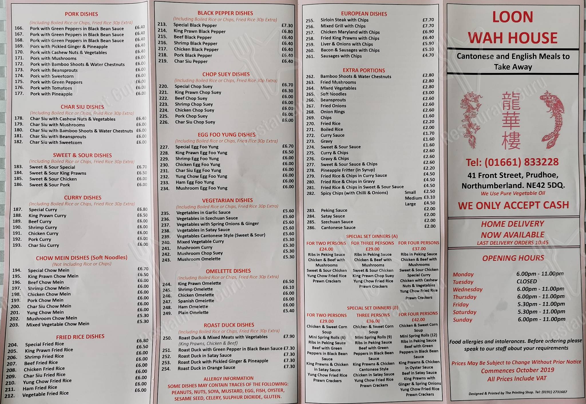 Menu at New Loon Wah fast food, Prudhoe