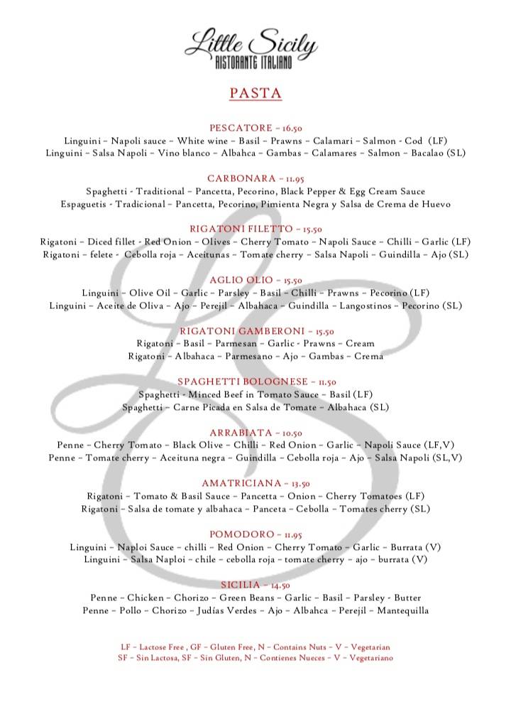 Menu at Little Sicily restaurant, Los Alcázares