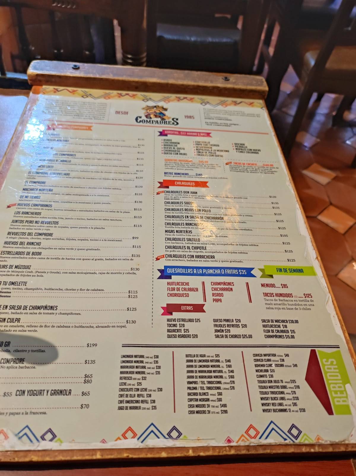Carta del restaurante Los Compadres, Saltillo, Lic. Benito Juárez 463